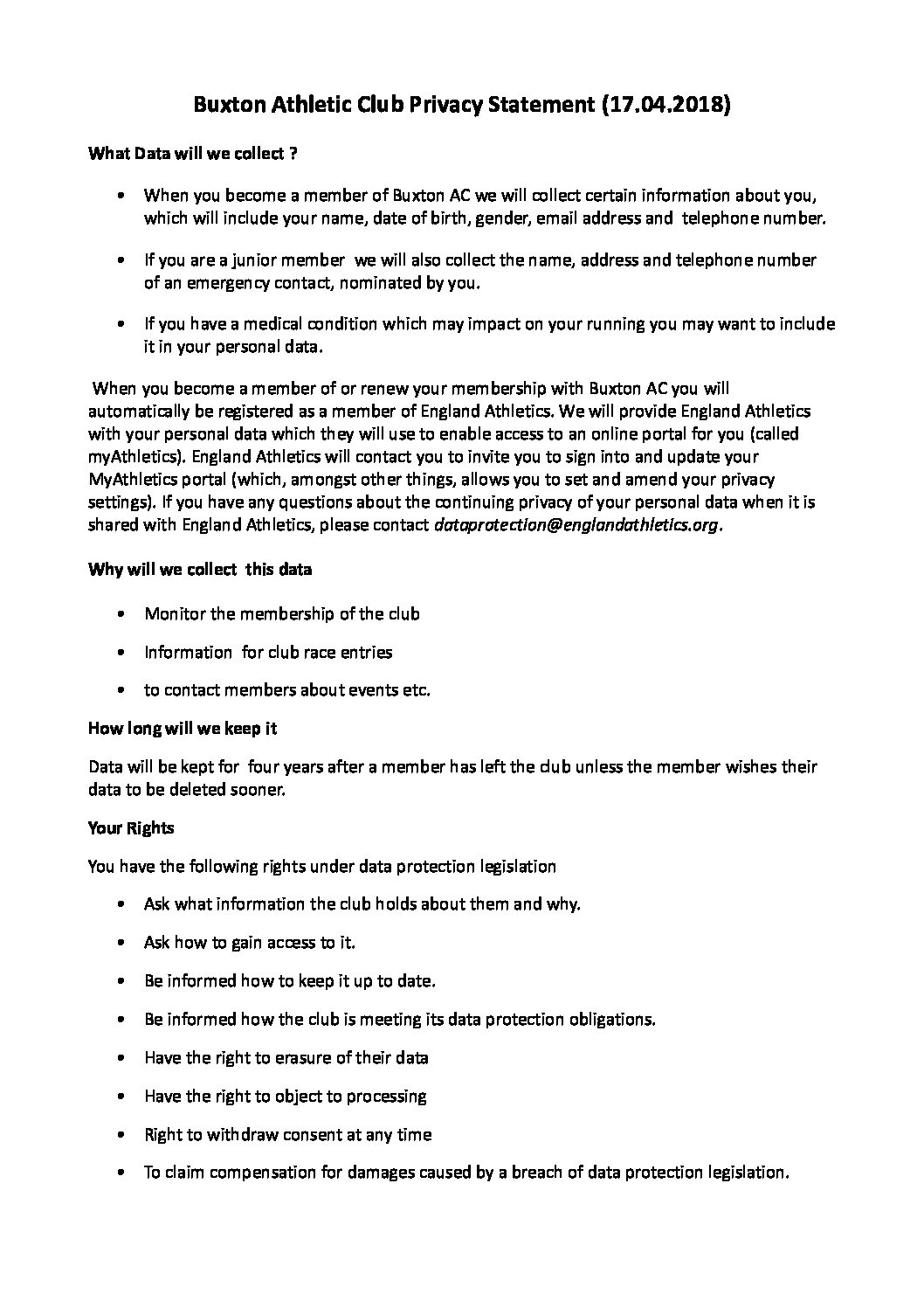 Buxton AC Privacy Statement | Buxton Athletic Club